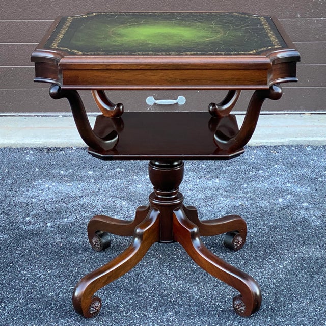 Mahogany Scroll Foot Center Table With Tooled Green Leather Top | Chairish