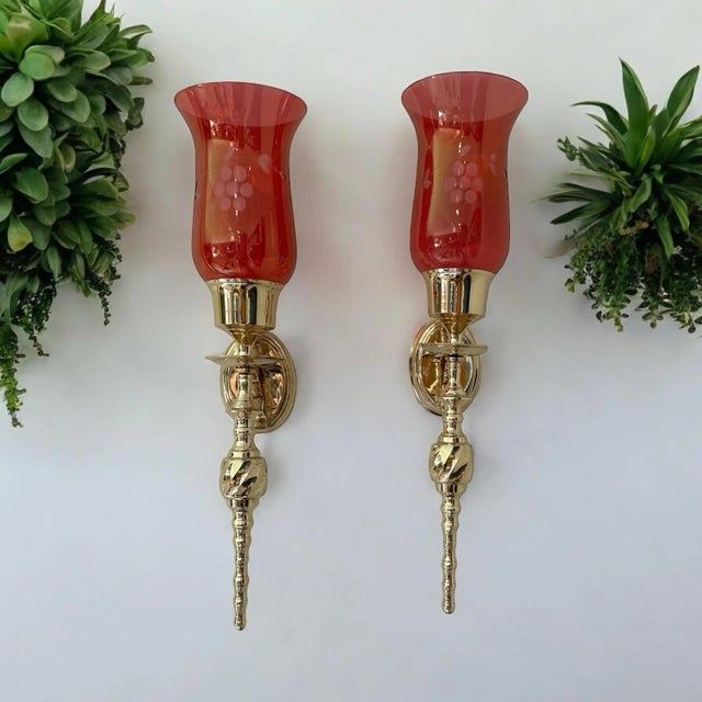 Pair of Mid 20th Century Brass Wall Candle Sconce Cranberry Red Glass ...