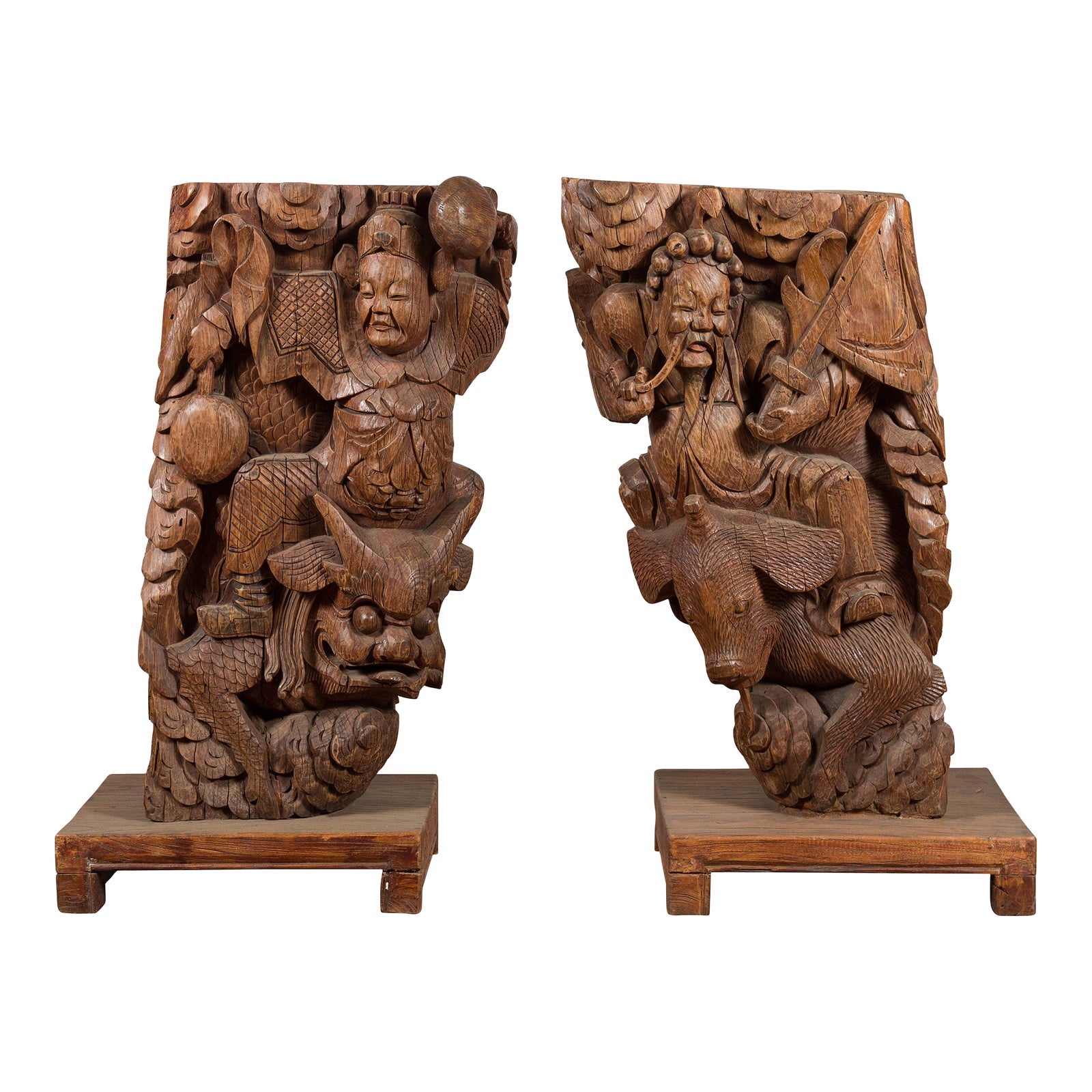 Pair of Qing 19th Century Hand Carved Wooden Temple Corbels with ...