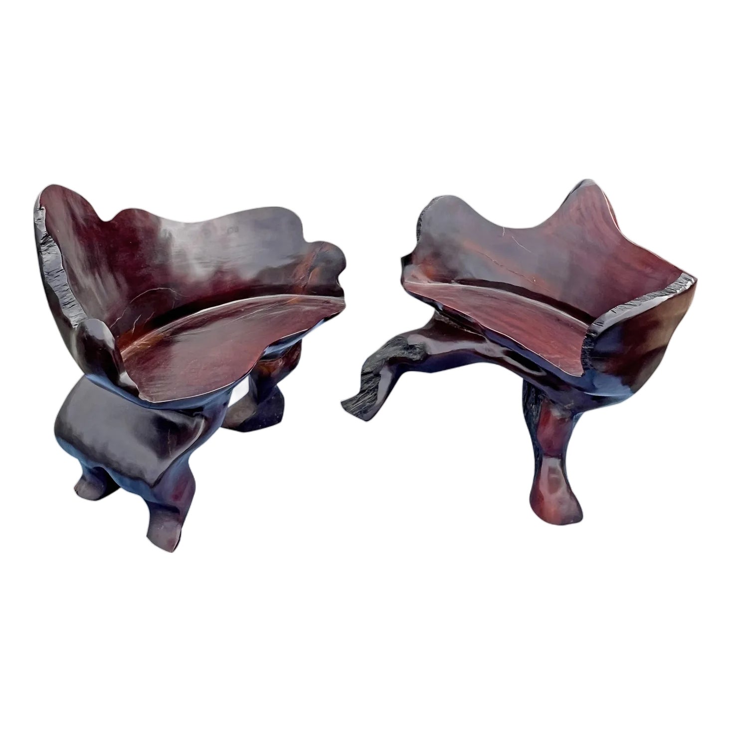 Pair of Vintage Hand Carved Raw Wood Chairs Seating | Chairish