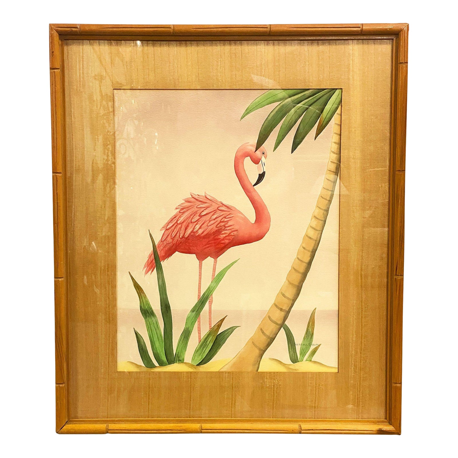 MCM Peeking Pink Flamingo Watercolor on Paper Signed by Shirrell Graves ...