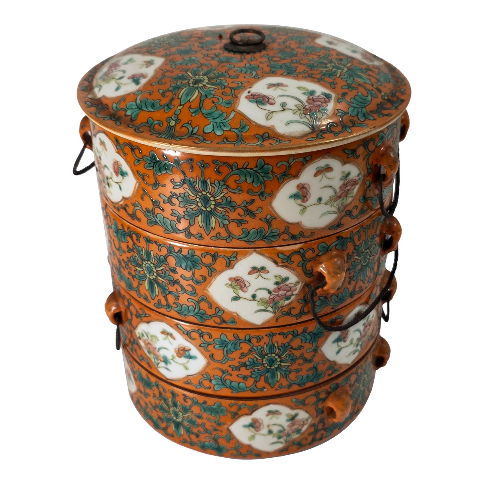 Early 20th Century Chinese Orange Glazed Famille Rose Stacking Food Dishes | Chairish