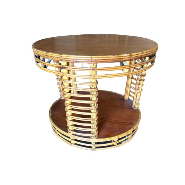 Restored Vintage Two Tier Round Stick Rattan Coffee Table With Mahogany ...