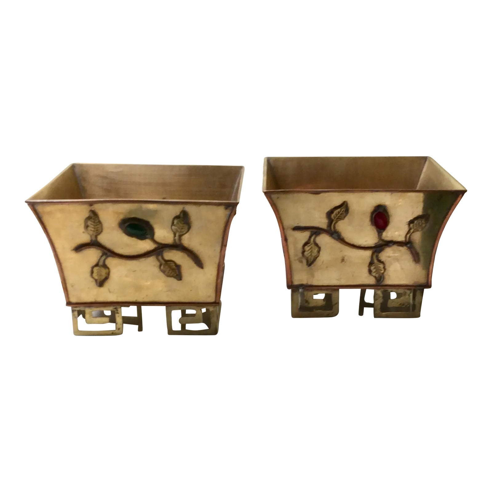 Pair of Vintage Oriental Brass and Stone Cachepots | Chairish