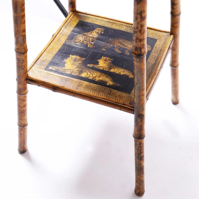 Pair of English Bamboo Tiger Decoupage Stands or Tables | Chairish