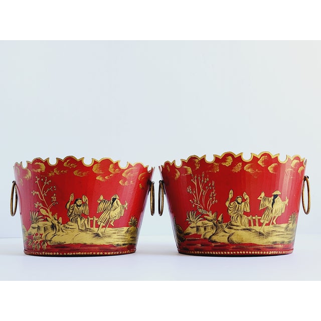 Chinoiserie Style Tole Painted Cachepots-A Pair | Chairish