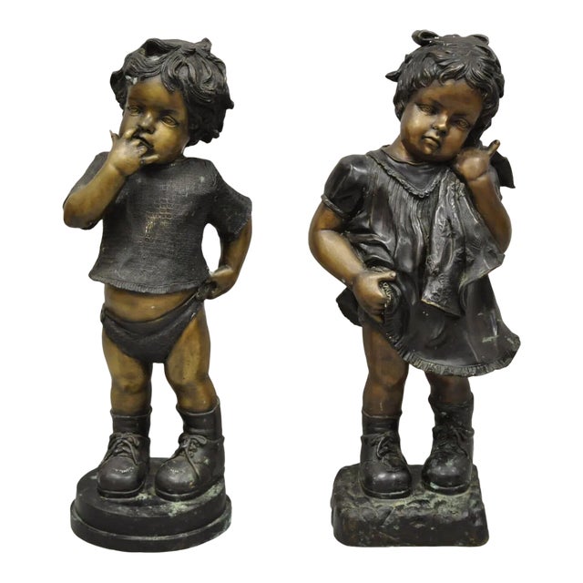 Cast Bronze Victorian Style 29" Little Boy and Girl Statue Figure - a ...