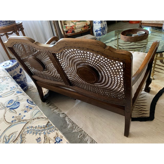 Antique English Oak Medallion Cane Back Settee Bench | Chairish
