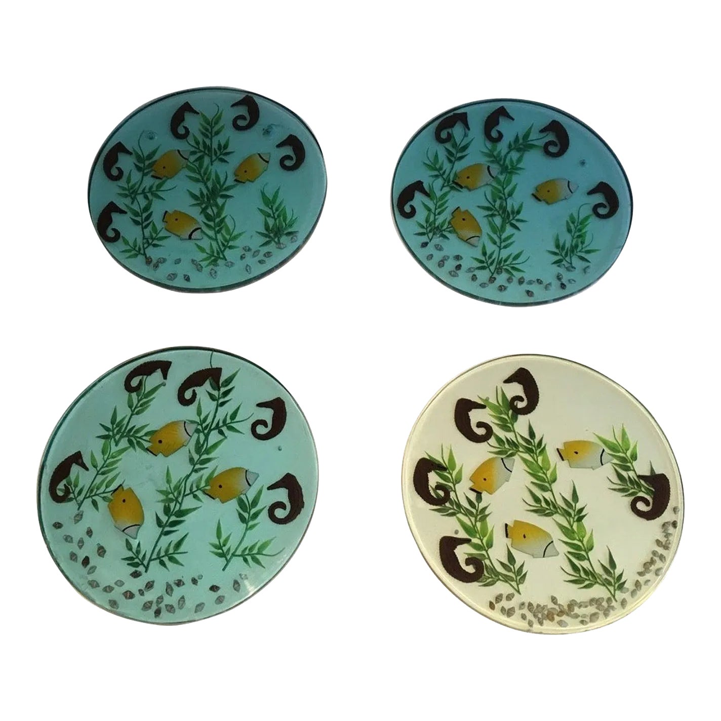 1970s Resin Plates with Incrusted Seahorses, Fish, Algues and Shells ...
