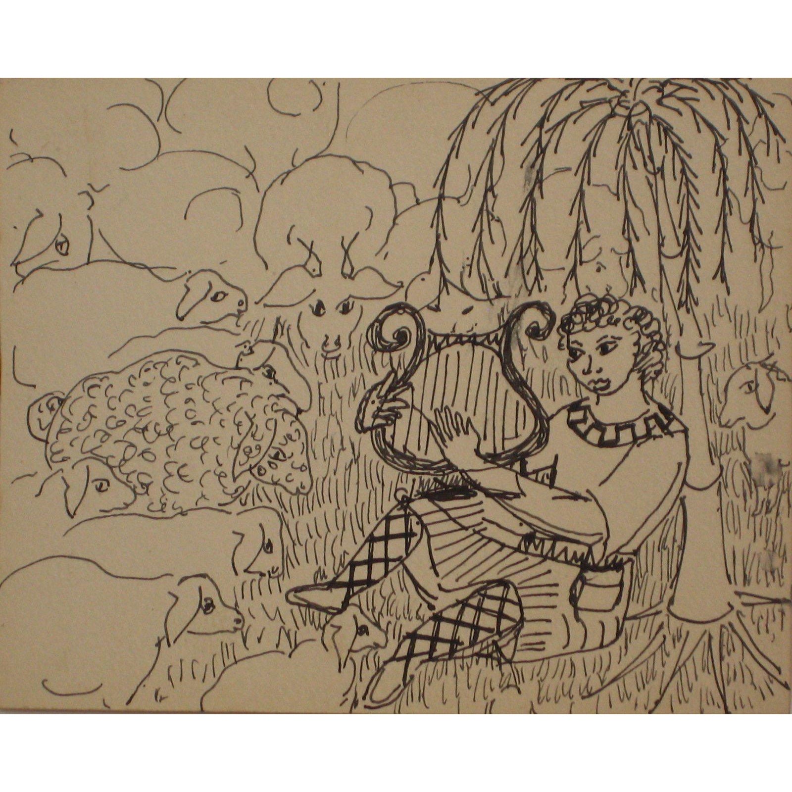 Mid Century Ink Drawing of Figure Strumming a Lyre to a Heard of Sheep ...