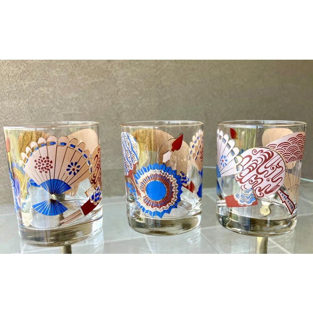Mid-Century “Japanese Fans & Combs” Motif Lowball Glasses Attributed to ...