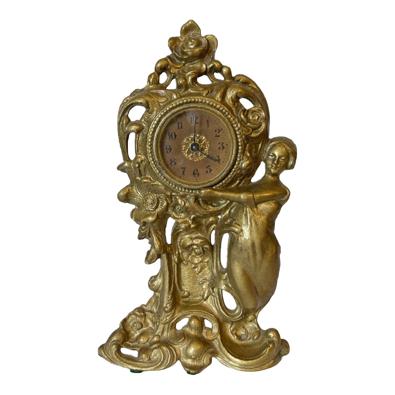 Antique Art Nouveau Lady Gilt Brass Filigree Clock, Circa 1905 | Chairish