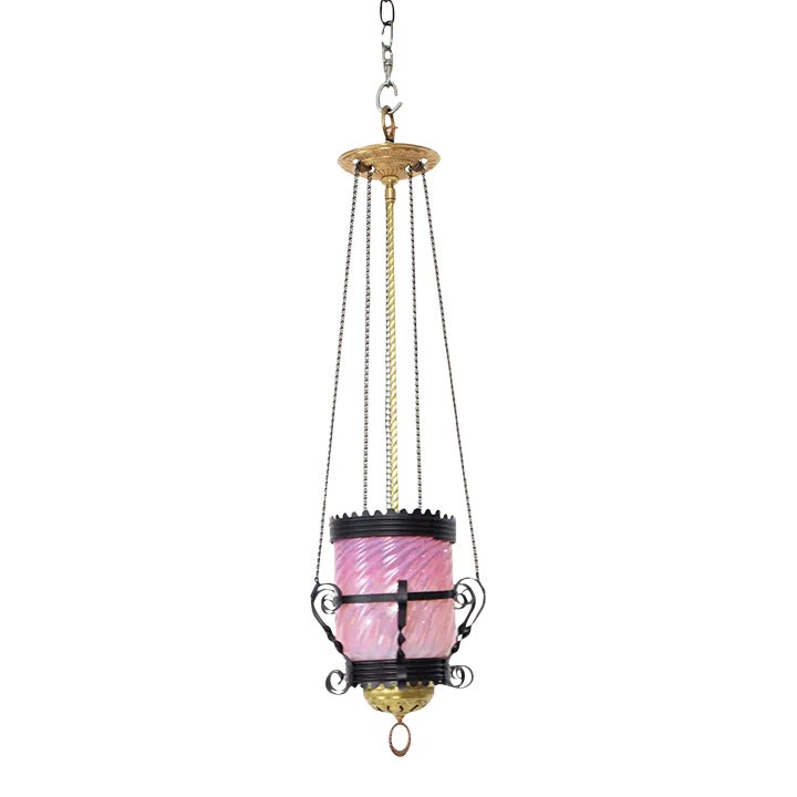19th Century Victorian Pink Swirled Glass Pulley Lantern With Iron and ...