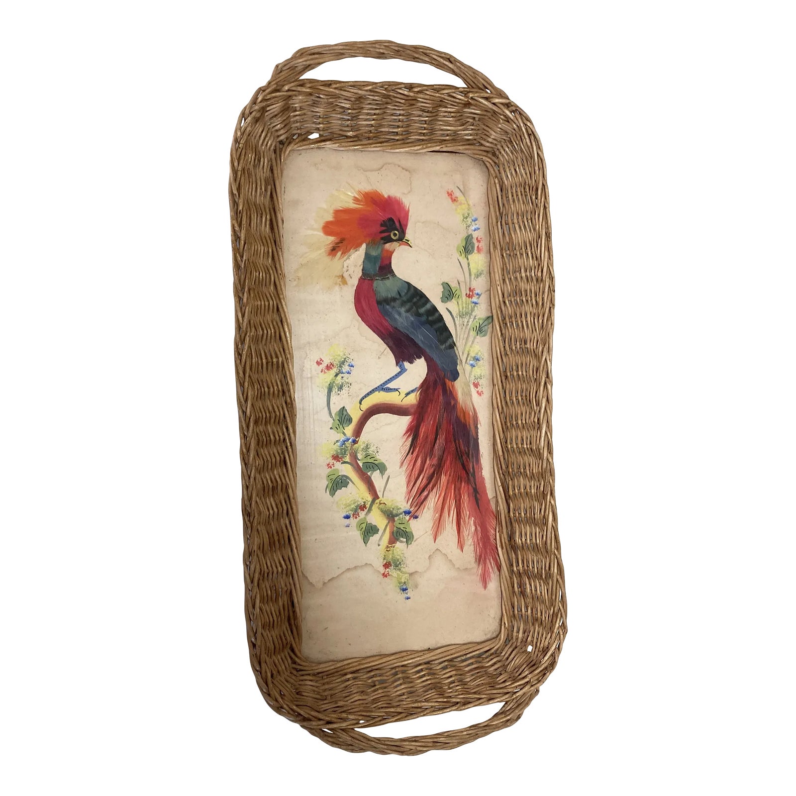 Vintage Mid Century Rattan Tray Wall Hanging With Asian Parrot Made of ...