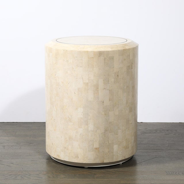 Mid-Century Drum Form Brass Inlay Tessellated Stone Side Table by ...