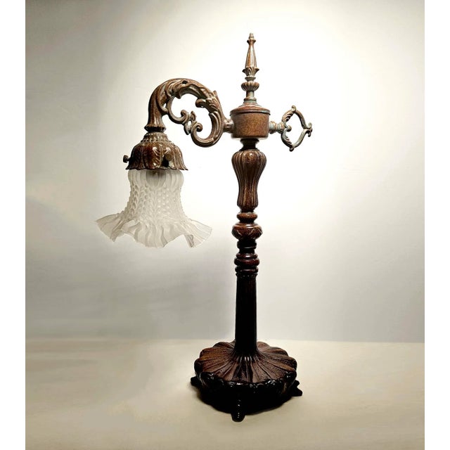 Vintage Art Nouveau Bridge Arm Table Lamp With Ruffled Edge Shade ...