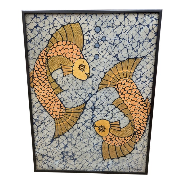 Vintage Indonesian Koi Fish Batik Fabric Art in Frame | Chairish