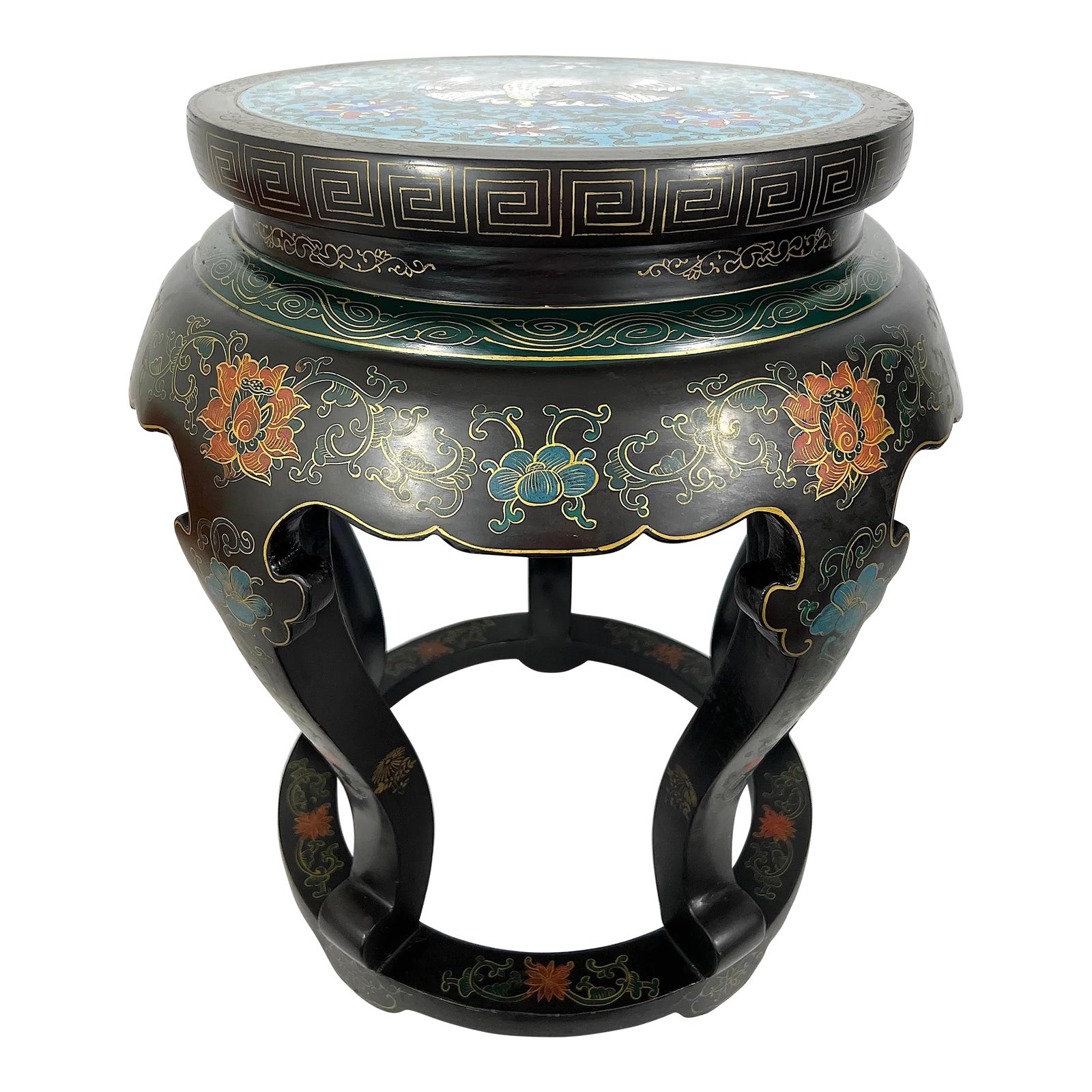 Large Red Crowned Cranes Black Lacquer & Blue Cloisonné Chinese Stool ...