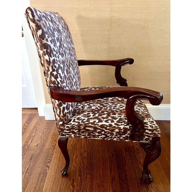 Pair of Carved Mahogany Leopard Print Armchairs New Upholstery | Chairish