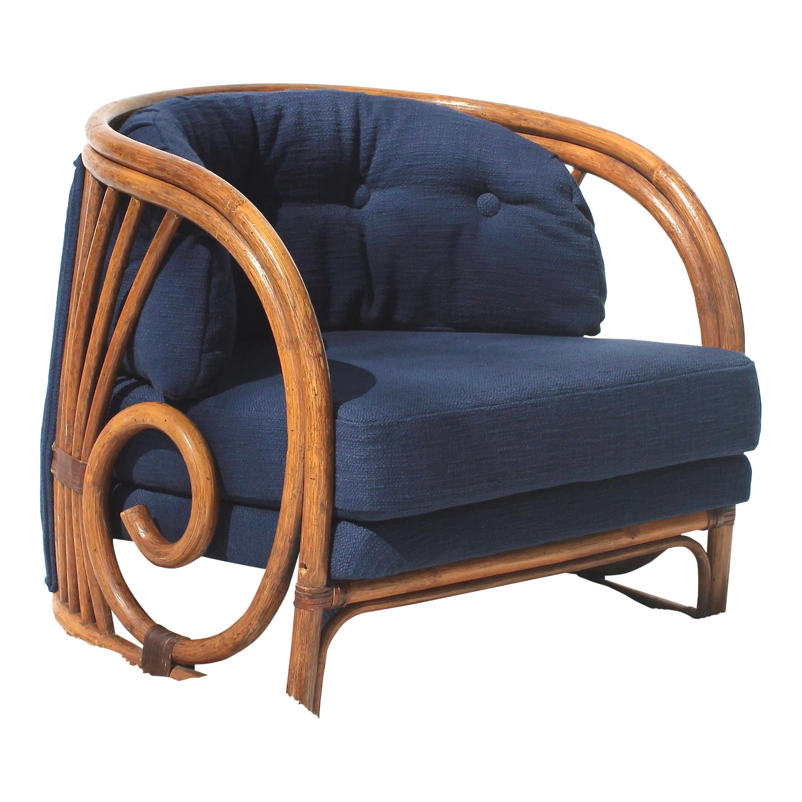 Rattan and Upholstered Scroll Chair From the 1970s | Chairish