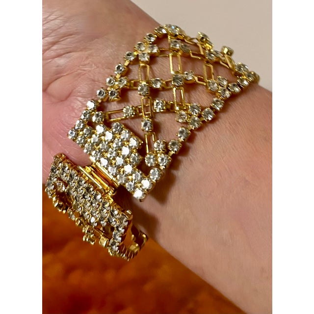 1980s Sparkly Art Deco Style Crosshatch Crystal Gold Bracelet | Chairish