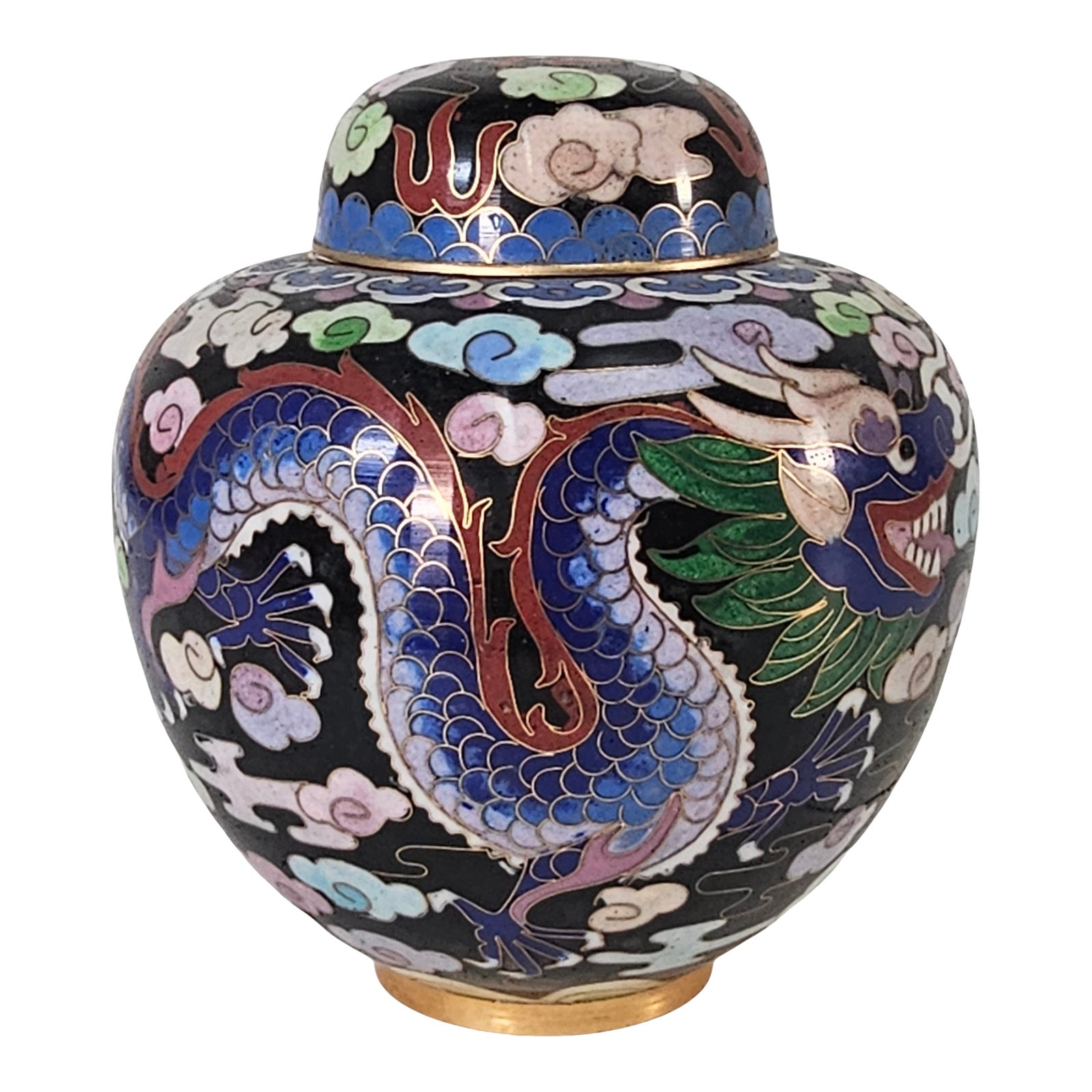 Cloisonné Dragon Ginger Jar Vase Black Aged Gilded Brass 5.5" | Chairish