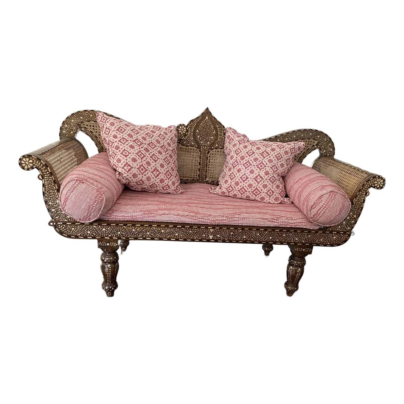 Wood Inlay Settee Bench With Katherine Ireland Upholstered Cushions ...