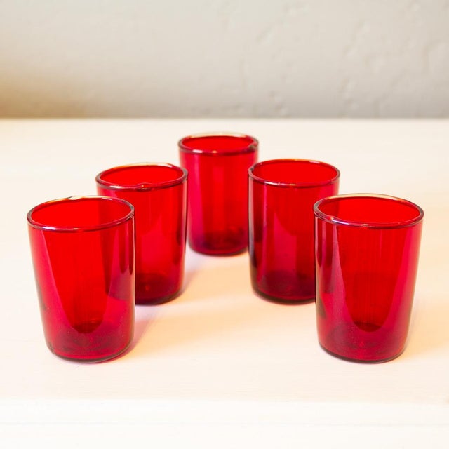 Vintage Red Handblown Shot Glasses- Set of 5 | Chairish