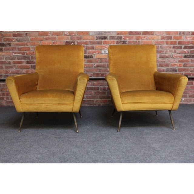 Vintage Italian Ochre Cotton Velvet and Brass Lounge Chairs | Chairish