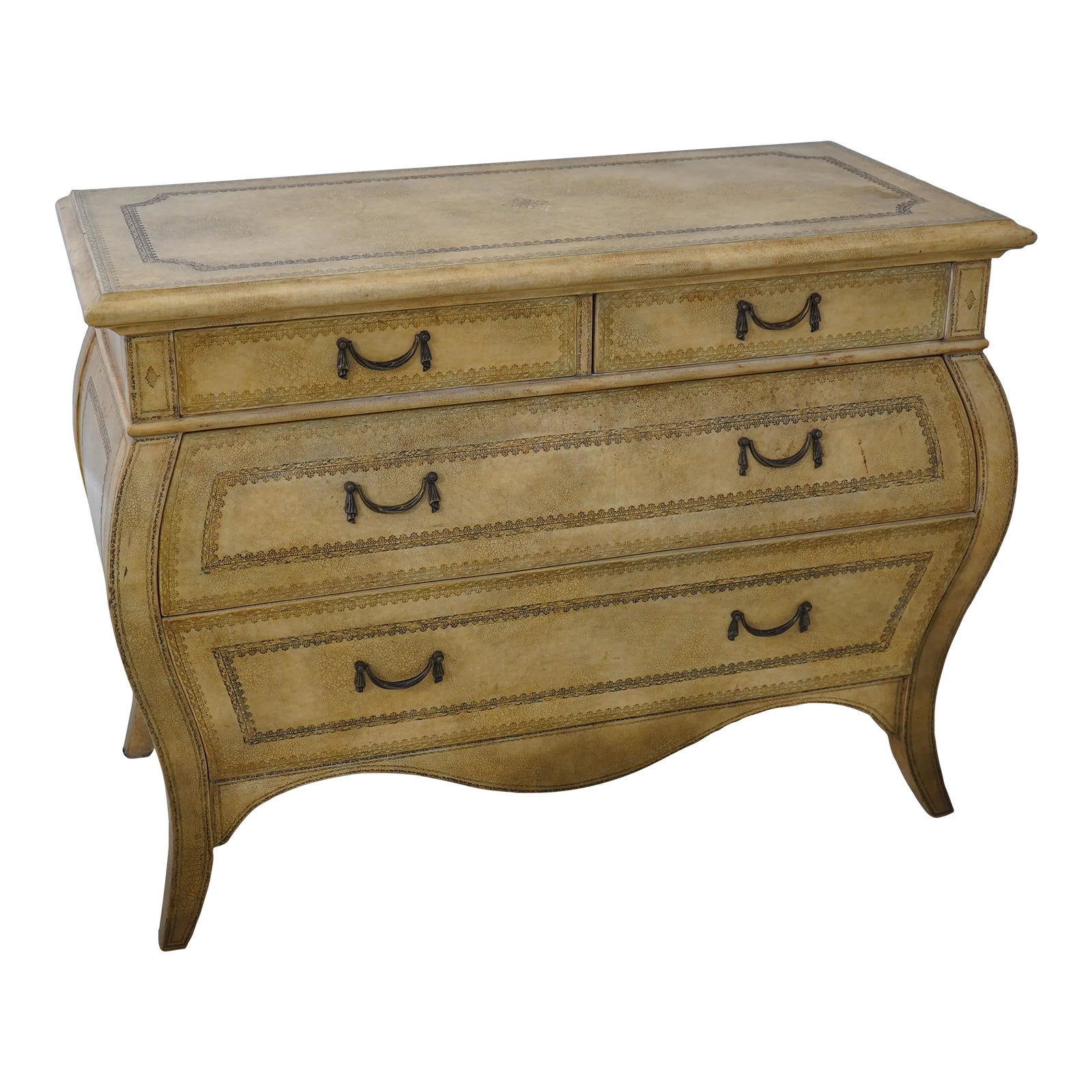 Maitland Smith Tooled Leather Wrapped Bombe Chest | Chairish