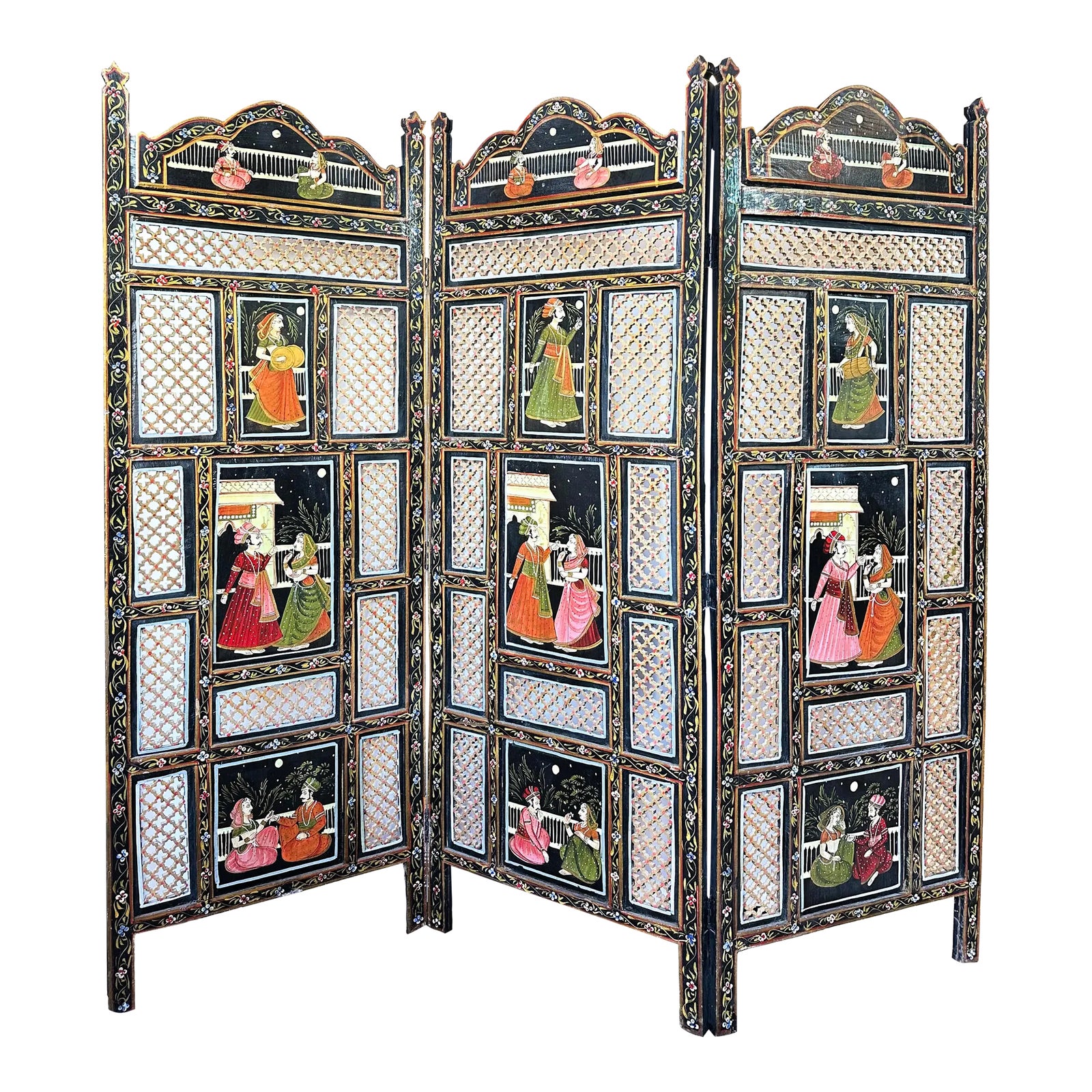 Antique Persian Hand-Painted Short Lattice Folding Screen | Chairish