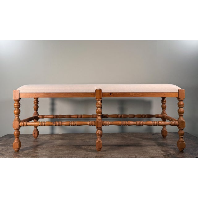 Vintage French Country Style Wood Upholstered Bench With Turned Legs ...