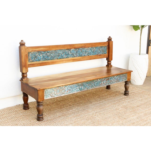 Reclaimed Wood Carved Aqua Beam Bench | Chairish
