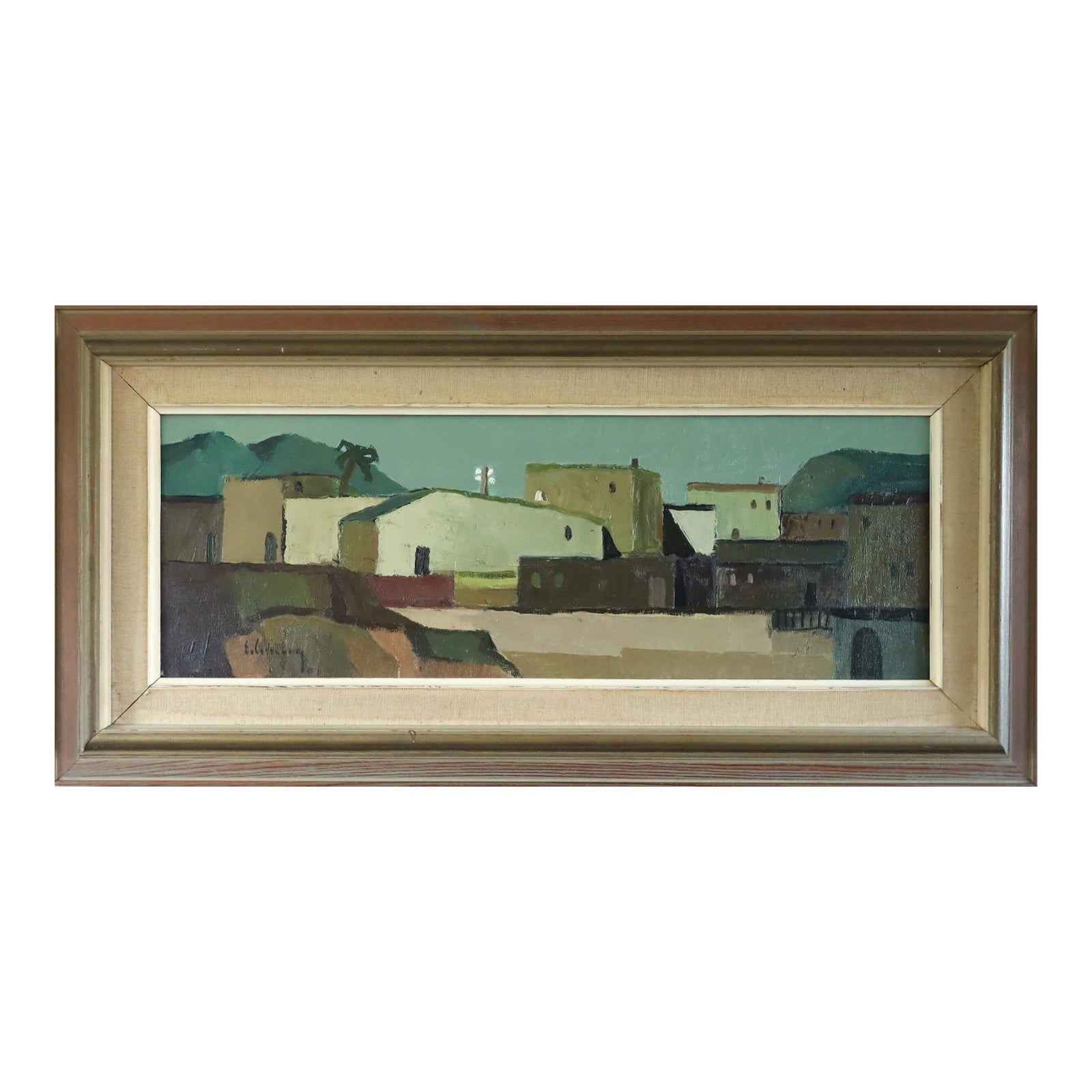 Mid-Century Modern 'Sunlit Village' Vintage Original Landscape Oil ...