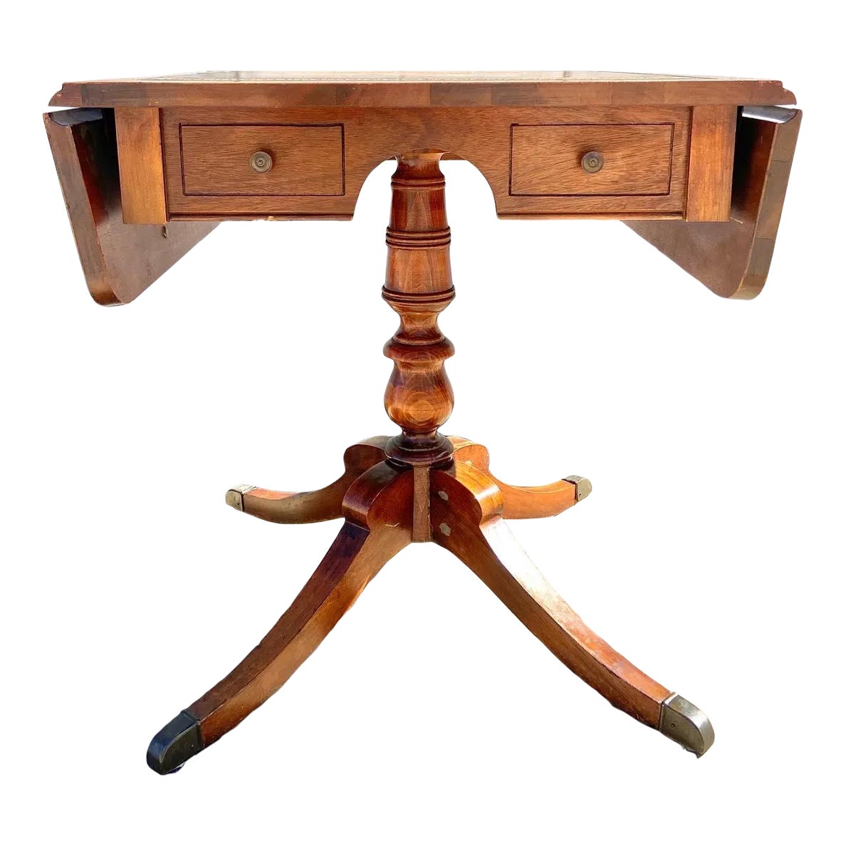 Vintage Drop Leaf Leather Top Side Table | Chairish