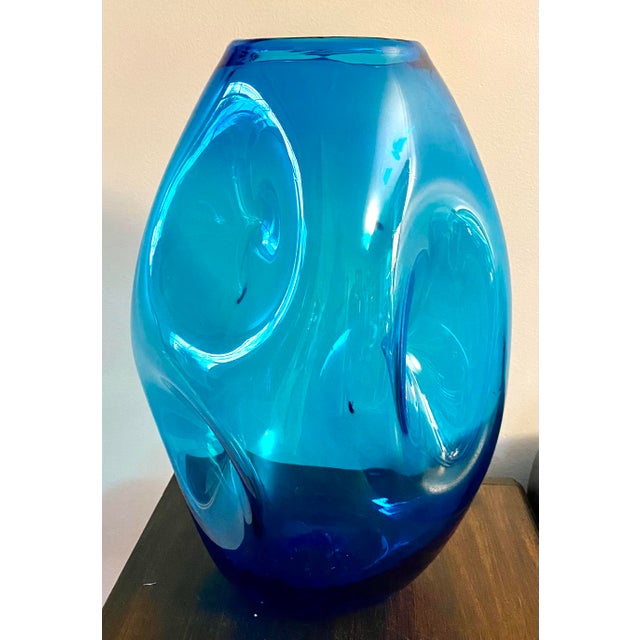 Mid-Century Modern Blenko Hand Blown Glass Dimple Vase in Blue | Chairish