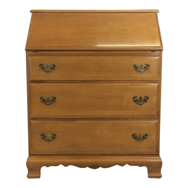 Vintage Maple Drop Front Secretary Desk With Brass Hardware | Chairish