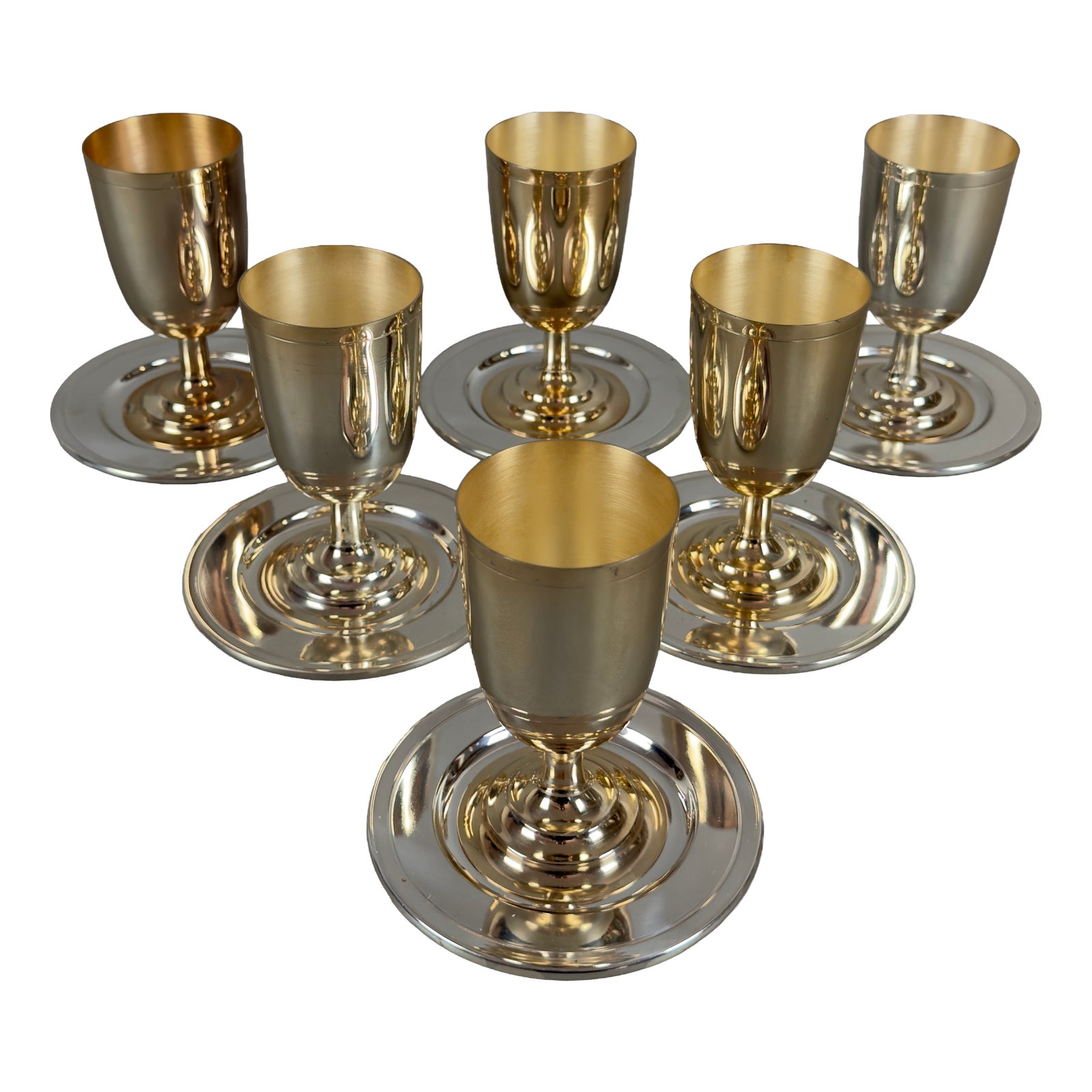 Hand-Worked Silver-Plated Brass Glasses and Coasters with Gilt Interior ...