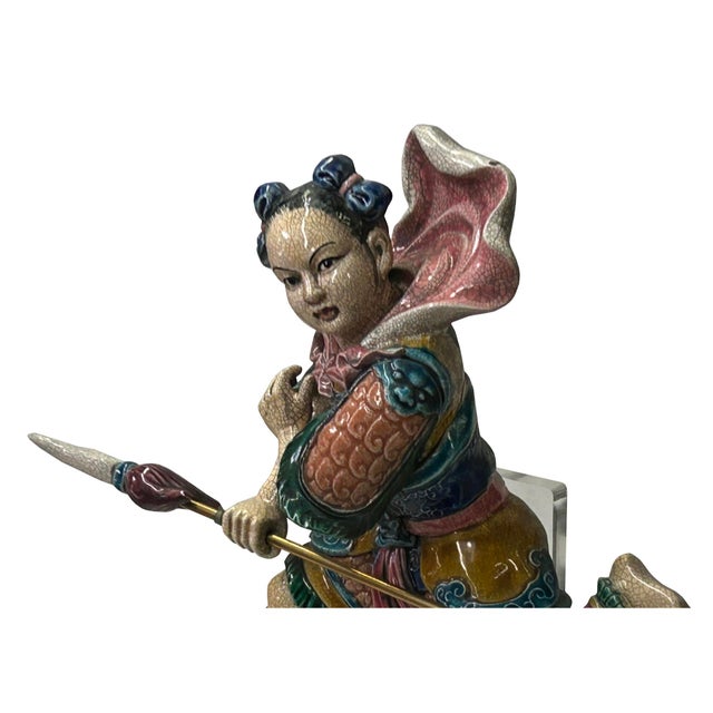 Chinese Vintage Color Ceramic NeZha Riding Fire Wheel Figure Display ...
