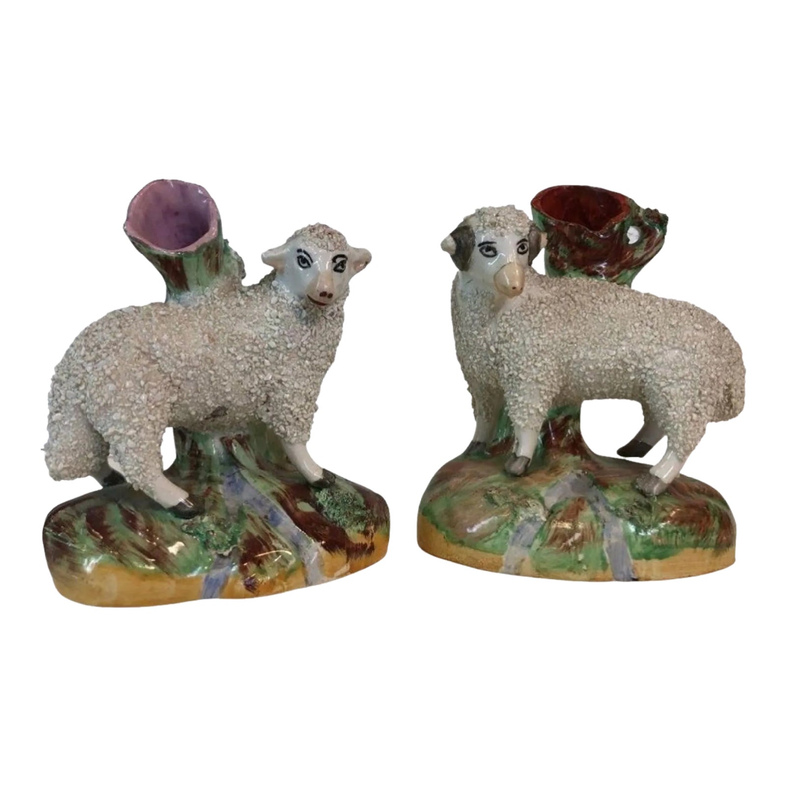 Circa 1860 Old Staffordshire Ware Sheep Spill Vases- a Pair | Chairish