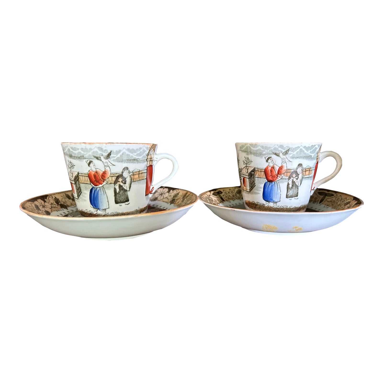 Antique Chinoiserie Porcelain Sana Pattern Cup & Saucer Set- 4 Pieces ...