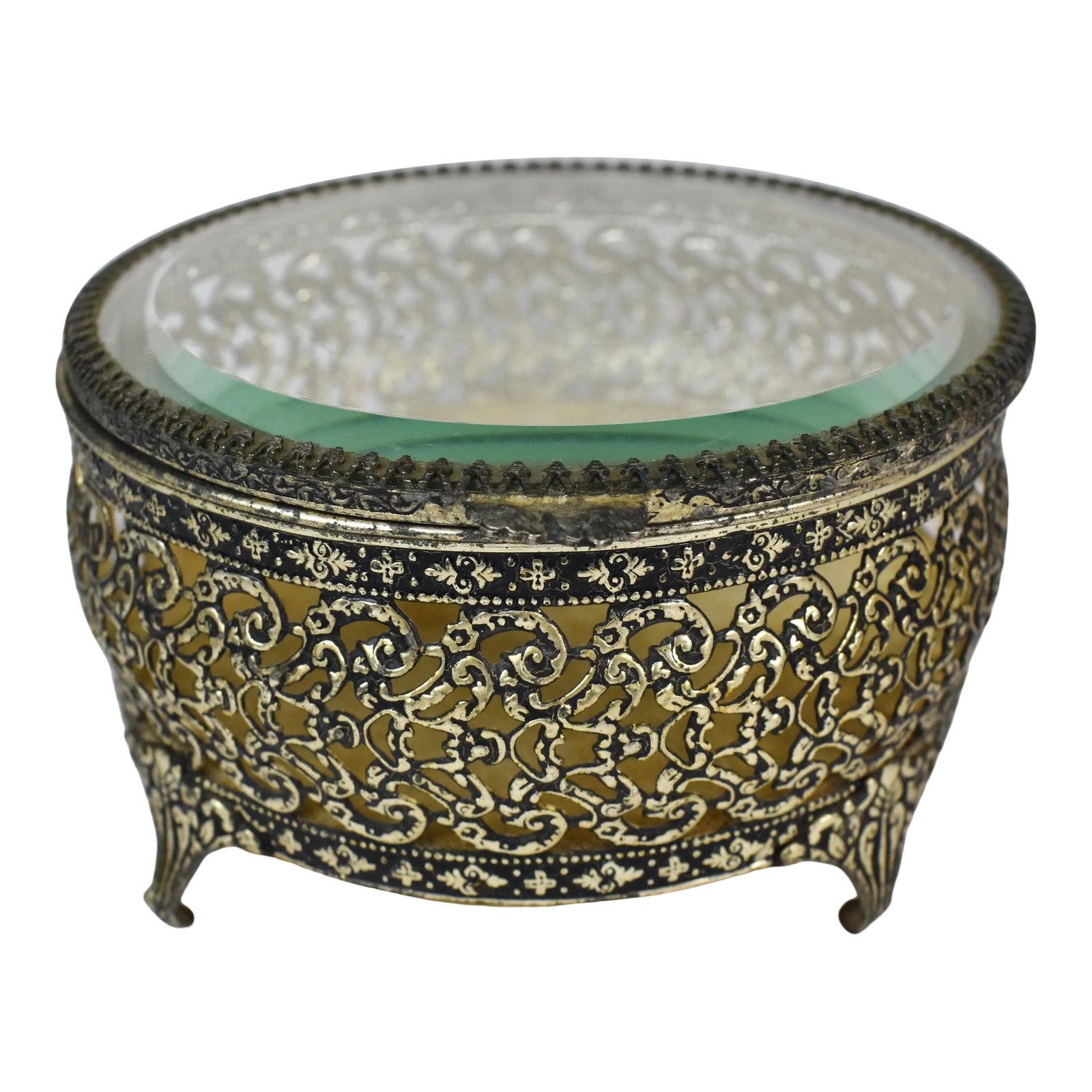 Vintage Silver Plated Filigree & Glass Trinket Jewelry Ormolu Beveled ...