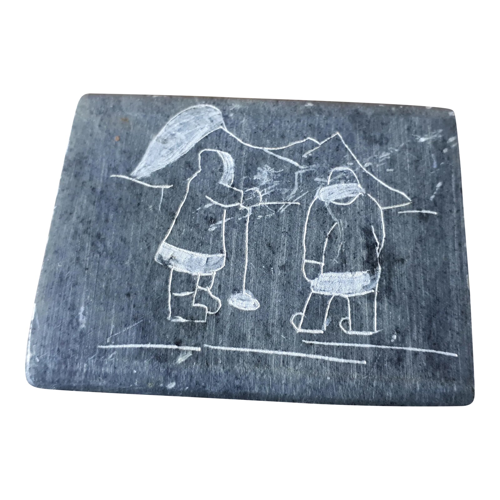 Late 20th Century Inuit Style Carved Soapstone Paperweight Art Plaque ...