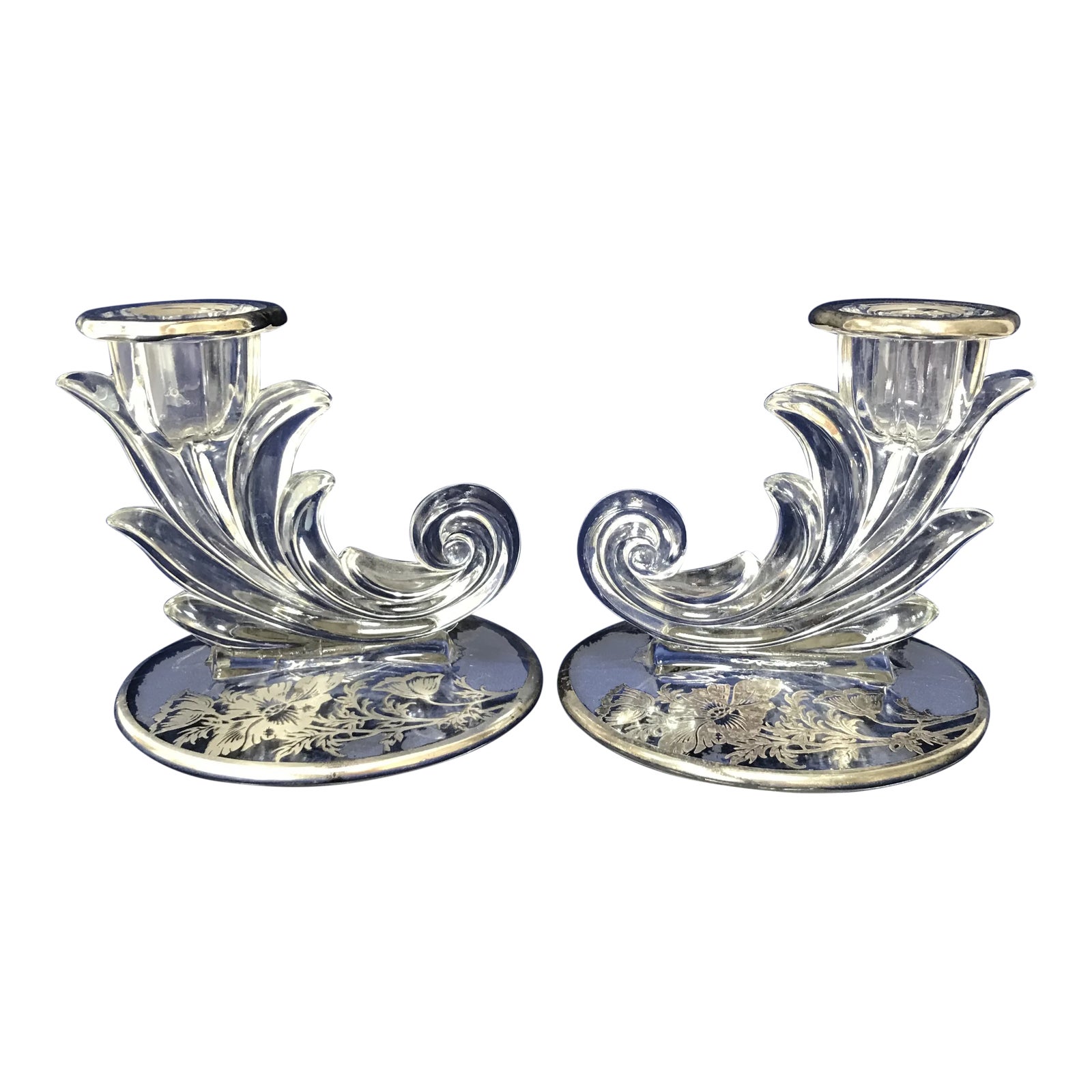 Fostoria Baroque Cornucopia Candlesticks Silver Overlay - a Pair | Chairish