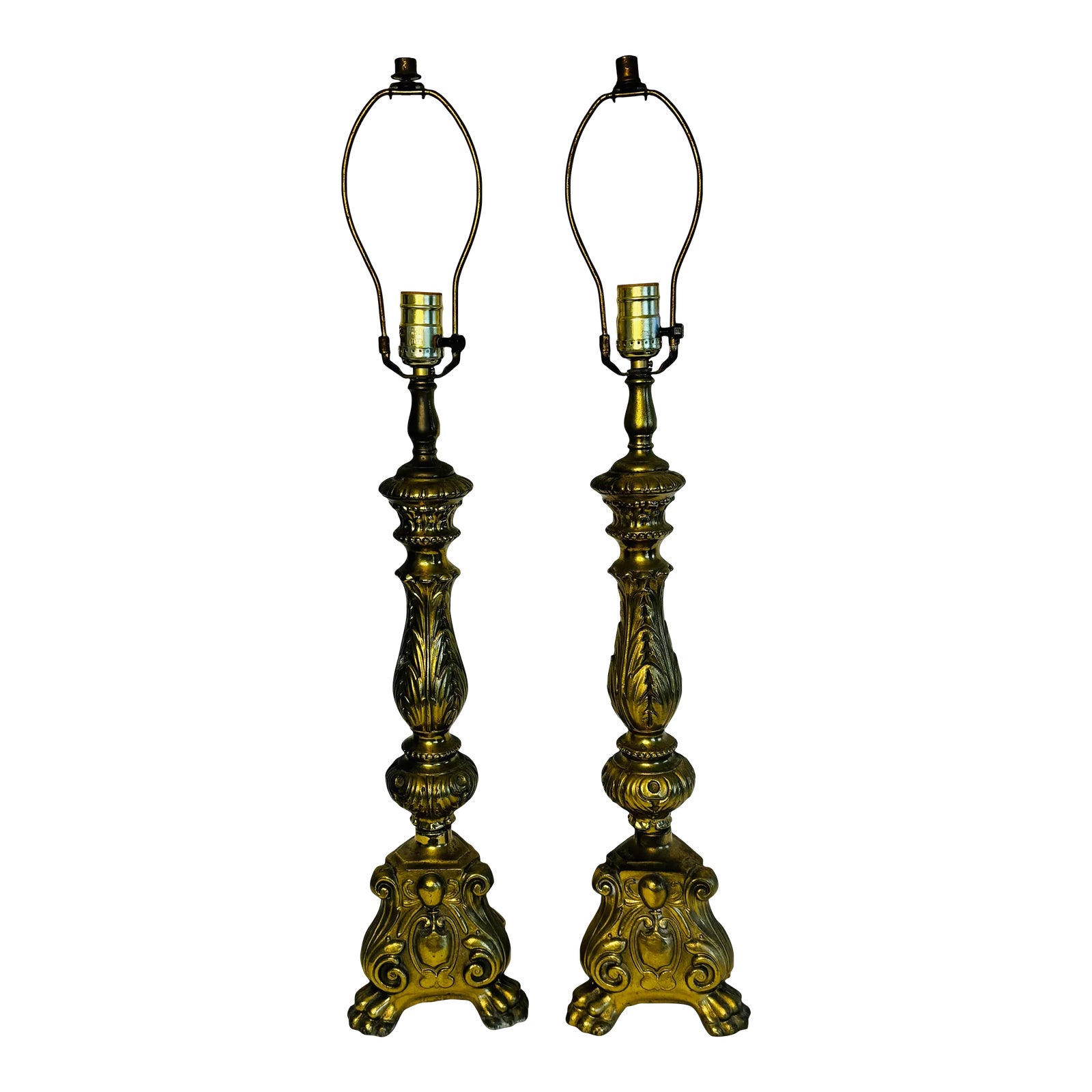 Vintage 1950s Solid Brass Claw Foot Table Lamps, a Pair | Chairish