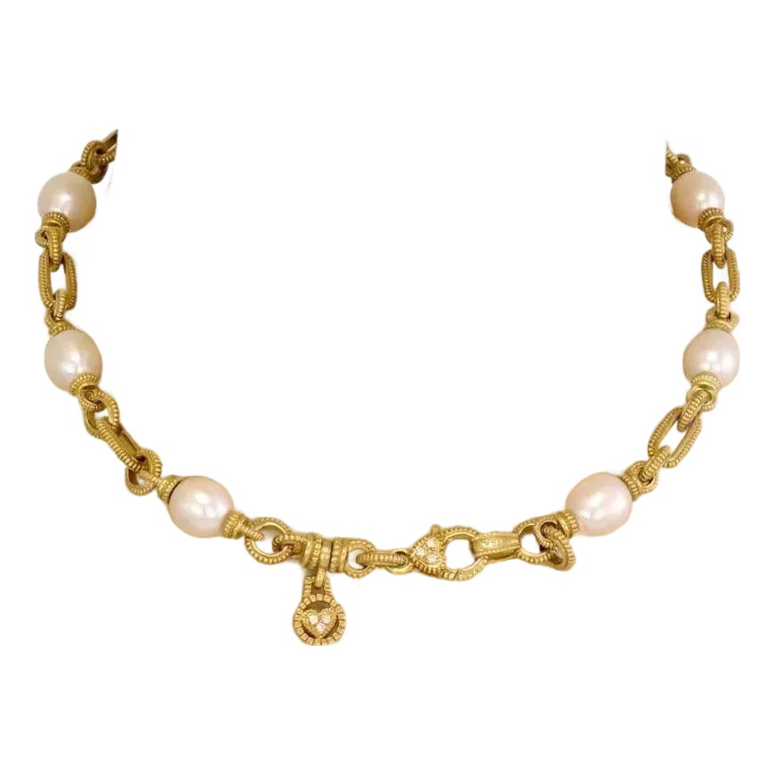 Judith Ripka Diamond Pearls 18k Yellow Gold Textured Link Necklace ...