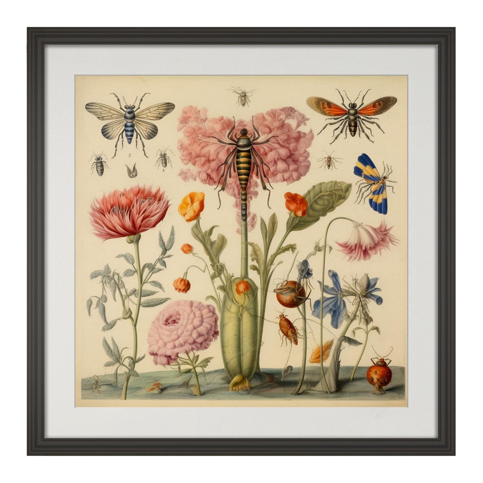 18' X 18' Framed 'Insects and Flowers' Original Botanical Fine Art ...