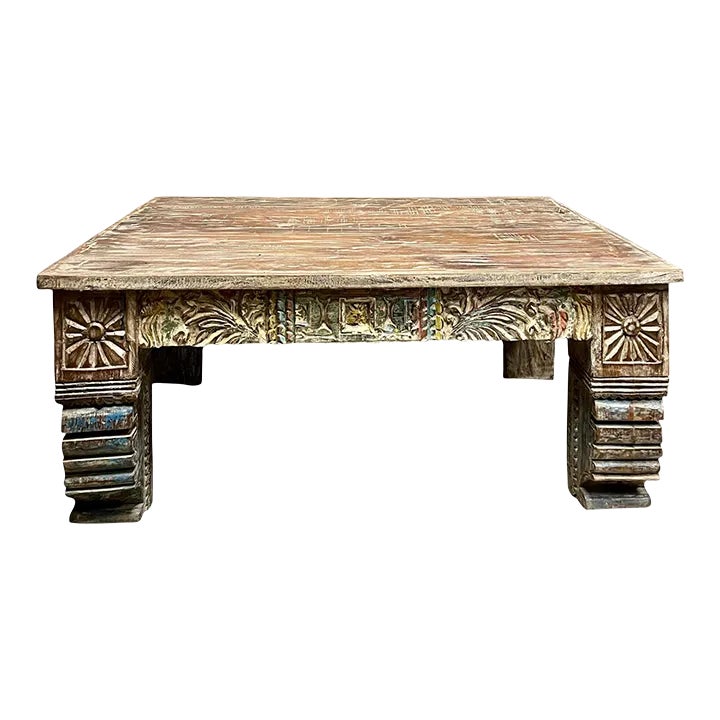 Vintage Coffee Table With Carved Legs Boho Accent Table | Chairish