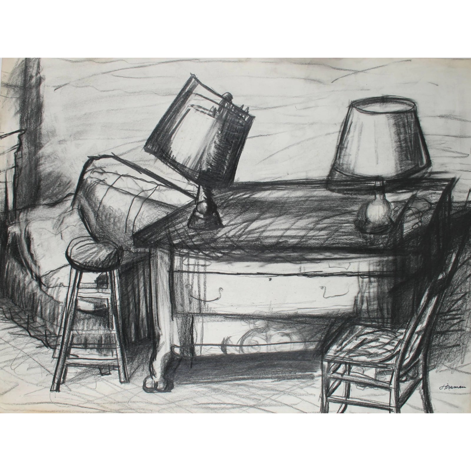 Jack Freeman Living Room Interior, Graphite on Paper Still Life, 1960s ...