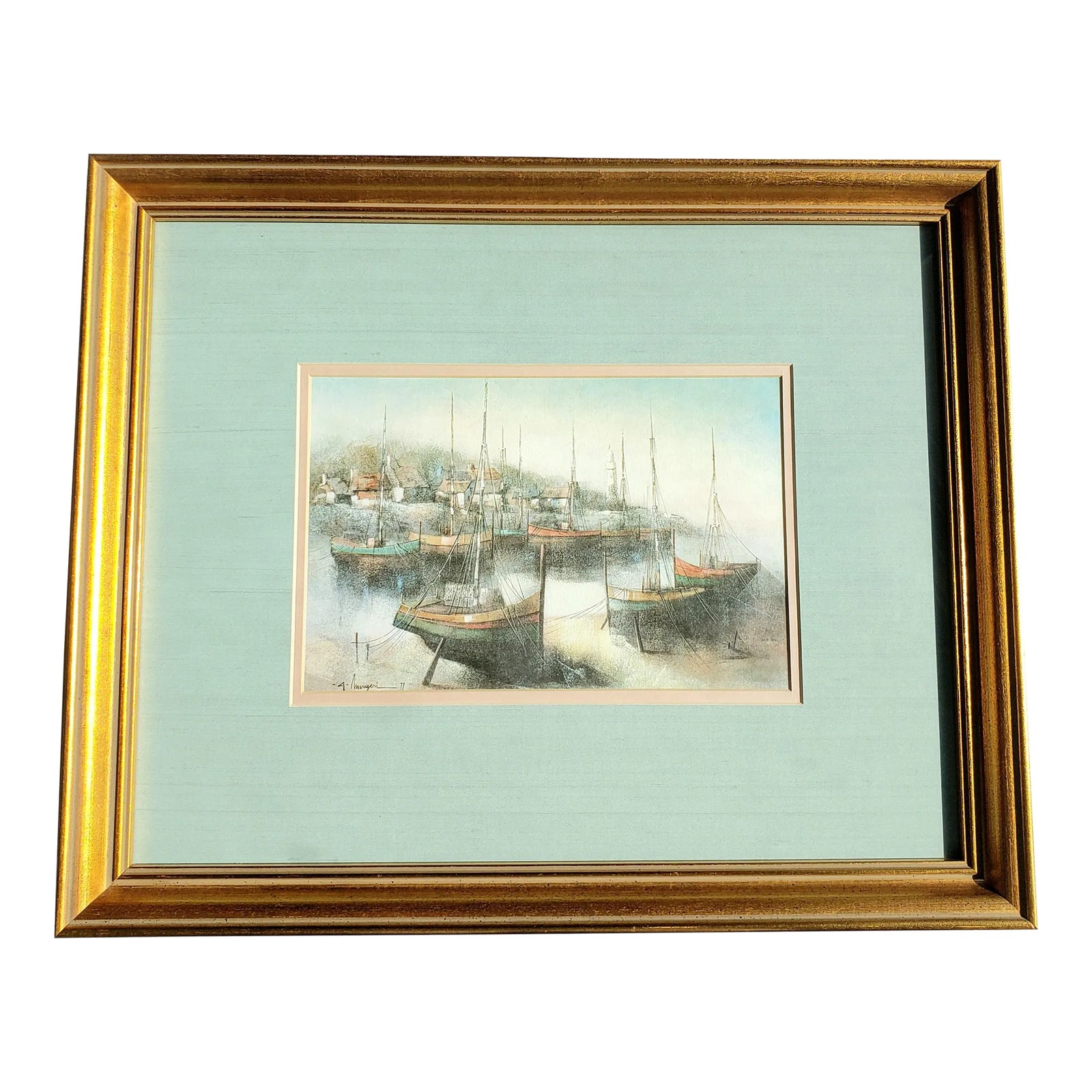 1977 Vintage Coastal Seascape Ship Art Framed Print | Chairish
